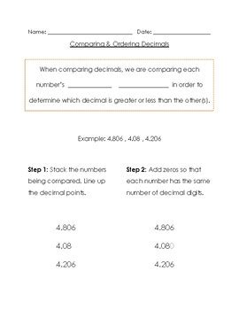 Comparing Ordering Decimals Notes Practice By Melissa Dean TpT
