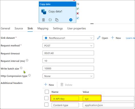 adf error at sink side rest api key content type conflicts in authheaders additionalheaders
