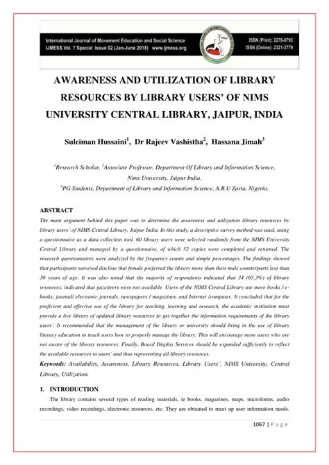 Pdf Awareness And Utilization Of Library Resources By Library Users Of Nims University