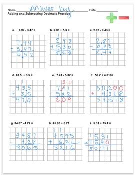 Adding And Subtracting Decimals Practice Worksheet With Grid TpT