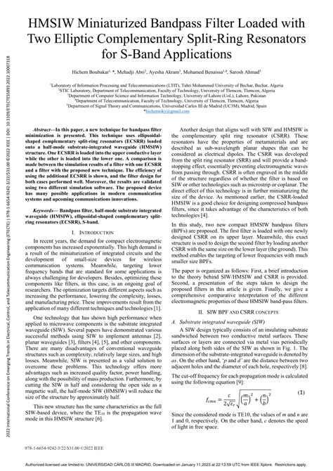 Pdf Hmsiw Miniaturized Bandpass Filter Loaded With Two Elliptic Complementary Split Ring
