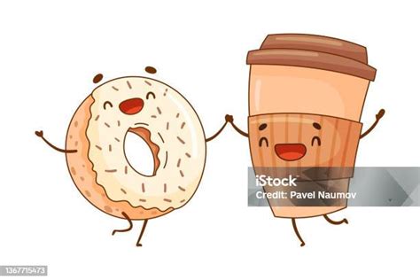 손으로 들고 있는 커피 캐릭터 한 잔과 유약한 도넛 완벽한 커플 친구 영원히 만화 벡터 일러스트 귀여운에 대한 스톡 벡터 아트 및 기타 이미지 Istock