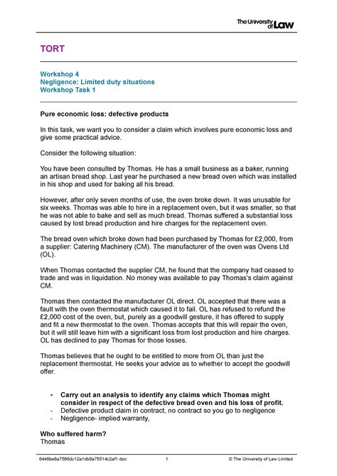 Tort Workshop 4 Task 1 Tort SG TORT Workshop 4 Negligence Limited Duty Situations Workshop