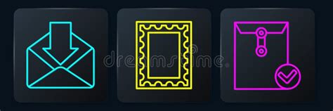 Set Line Envelope Envelope And Check Mark And Postal Stamp Black Square Button Stock