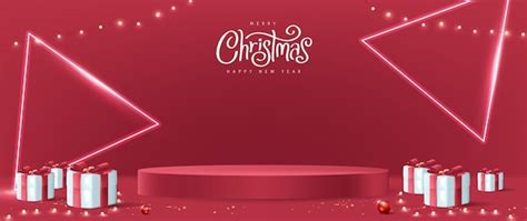 제품 디스플레이 원통형 모양과 선물 상자 빨간색 활 장식 빨간색 배경으로 메리 크리스마스 배너 프리미엄 벡터