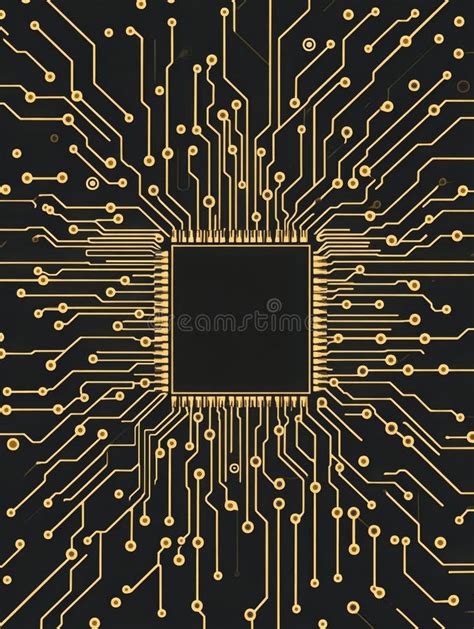 Intricate Gold Circuit Board With Central Microchip On Black Background