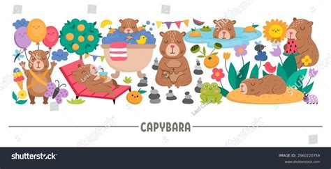Vector Horizontal Capybara Border Set Cute Stock Vector Royalty Free
