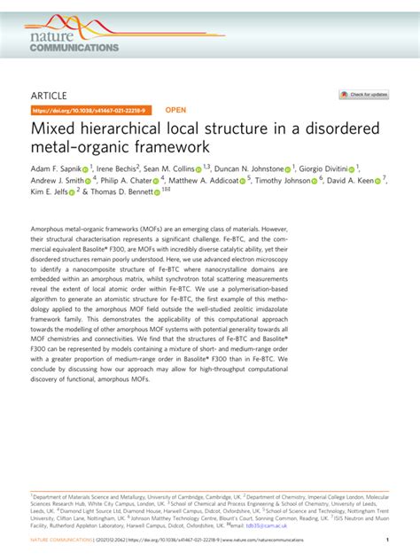 Mixed Hierarchical Local Structure In A Disordered Metal Organic Framework Pdf Amorphous