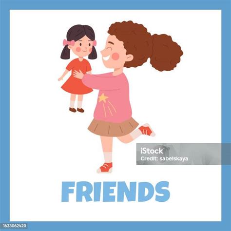 좋아하는 인형 장난감 플랫 스타일을 가지고 노는 행복한 아이 소녀에 대한 제곱 배너 감정에 대한 스톡 벡터 아트 및 기타 이미지