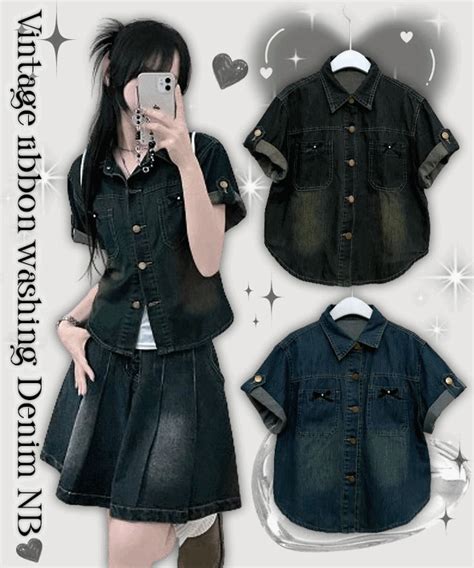 긱시크빈티지워싱 리본포켓워싱데님롤업반팔셔츠남방2color 에이블리