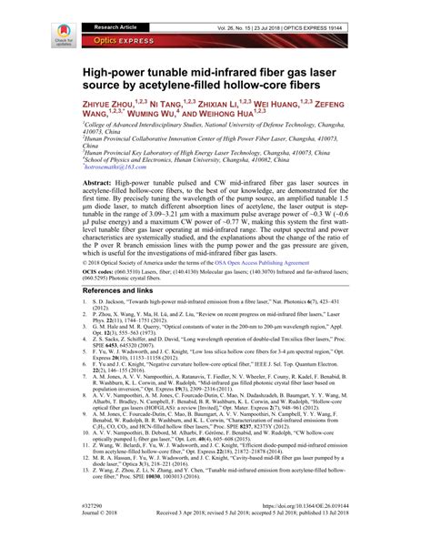 Pdf High Power Tunable Mid Infrared Fiber Gas Laser Source By Acetylene Filled Hollow Core Fibers