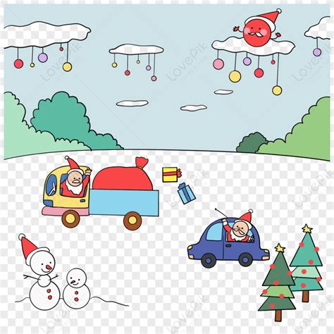 크리스마스 만화 일러스트 스타일 스티커 귀여운 산타 클로스가 인사하기 위해 운전아름다운빨간 Png 일러스트 무료 다운로드 Lovepik
