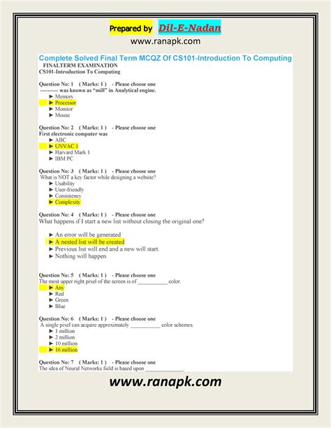 CS101 Final Term MCQs By Dill E Nadaan Data Structures Studocu