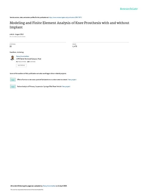 Modelingand Finite Element Analysisof Knee Prosthesiswithandwithout Implant Pdf Knee