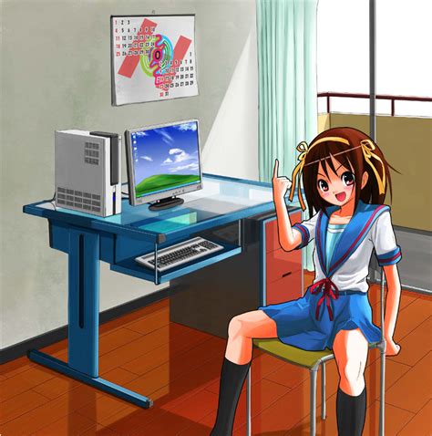 Safebooru 1girl Brown Hair Calendar Calendar Object Chair Computer Computer Keyboard Flat