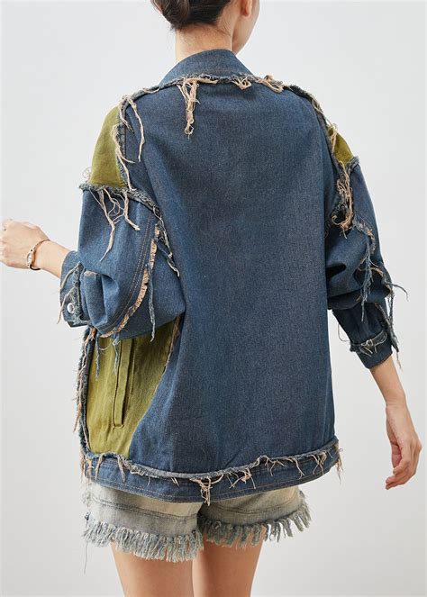 Boutique Navy Asymmetrical Patchwork Applique Denim Coat Spring Mfit