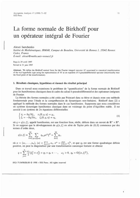 Pdf La Forme Normale De Birkhoff Pour Un Opérateur Intégral De Fourier