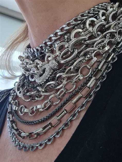 Chunky Oxidized Silver Statement Necklace Multi Layered Chains