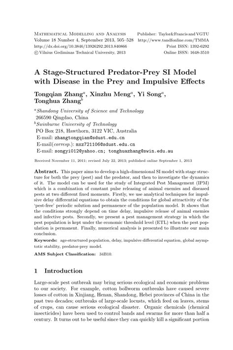 Pdf A Stage Structured Predator Prey Si Model With Disease In The Prey And Impulsive Effects