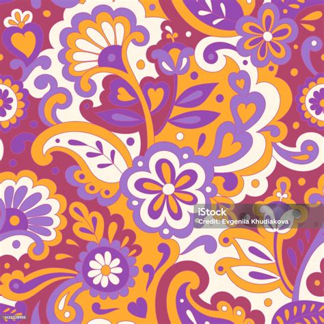 다채로운 민속 환각적인 이음새가 없는 무늬 복고풍 민족 장식품 빈티지 벡터 배경 히피 70 년대 스타일의 그루비 섬유 인쇄물 꽃 모티프 1970년에 대한 스톡 벡터 아트 및