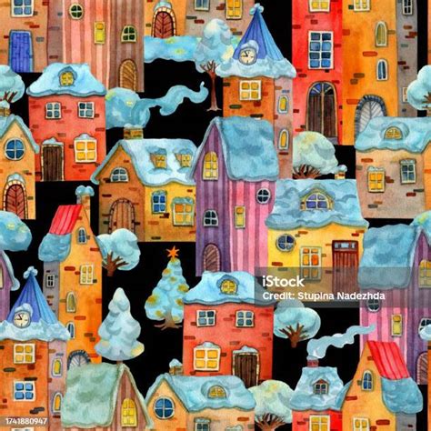 수채화의 매끄러운 패턴은 겨울 중세 주택 삽화 유럽의 구시가지 거리를 그렸다 새해 테마 포장지 상품 배경 직물을 위한 디자인 0명에 대한 스톡 벡터 아트 및 기타 이미지