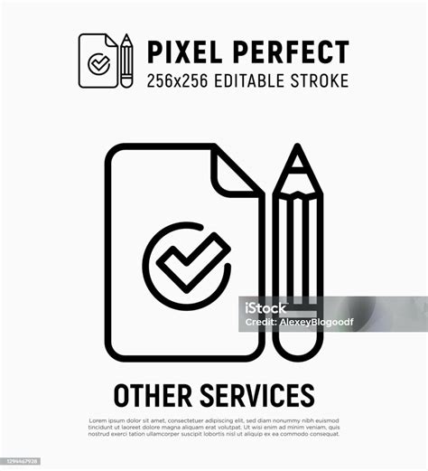 체크리스트 승인 및 연필 확인 표시가 있는 문서입니다 투표 시험 설문 조사의 얇은 라인 아이콘 픽셀 완벽 편집 가능한 스트로크 벡터 그림입니다 0명에 대한 스톡 벡터 아트