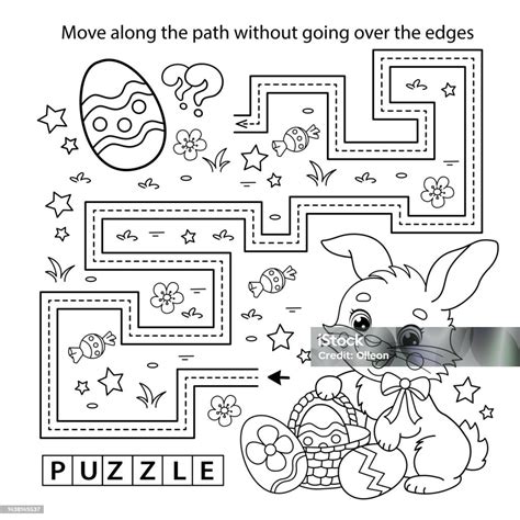 필기 연습 시트 간단한 교육 게임 또는 미로 색칠하기 개요 계란과 과자를 가진 만화 귀여운 부활절 토끼 아이들을위한 색칠하기 책