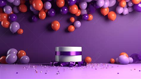흰색 연단 색종이 조각과 여러 가지 색상의 리본을 사용하여 3d 렌더링된 보라색 배경은 생동감 넘치는 축제 분위기를 조성합니다