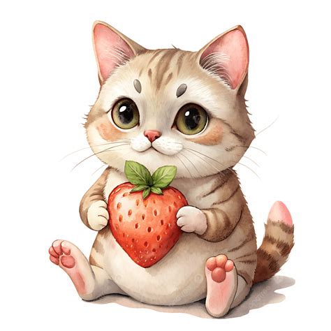 귀여운 만화 고양이 들고 딸기 클립 아트 그림 귀여운 고양이 딸기 딸기를 들고 있는 만화 고양이 고양이와 딸기 클립 아트 Png 일러스트 및 이미지 에 대한 무료
