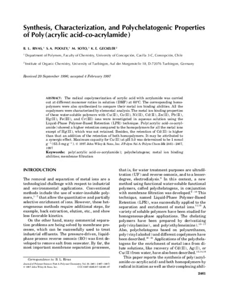 Pdf Synthesis Characterization And Polychelatogenic Properties Of Polyacrylic Acid Co