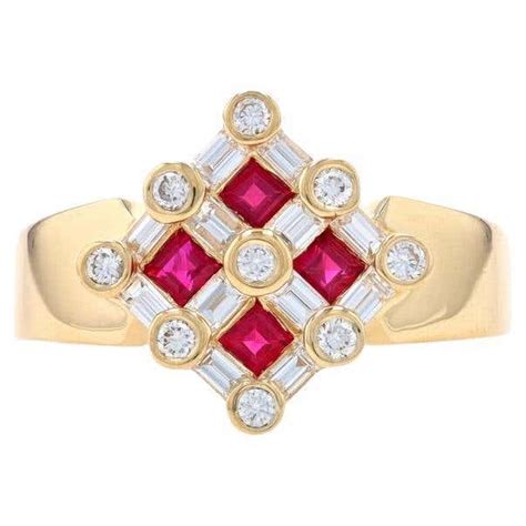 Yellow Gold Ruby And Diamond Cluster Halo Cocktail Ring 18k Sq 1 17ctw