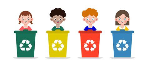 아이들의 세트는 재활용을 위해 쓰레기를 수집 어린이 쓰레기 분리 쓰레기 재활용 세상을 구하기 흰색 배경에 고립 된 재활용 벡터 일러스트 레이 션 교육에 대한 스톡 벡터 아트