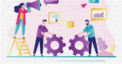 팀워크 브레인스토밍 개념 새로운 프로젝트 사무 여자 보스 통제 두 명의 회사원이 큰 기어를 움직입니다 직원 그룹은 새로운 아이디어와 계획을 생성합니다 트렌디한