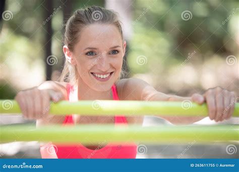 Young Fit Woman Girl Doing Pull Ups On Bar Stock Image Image Of