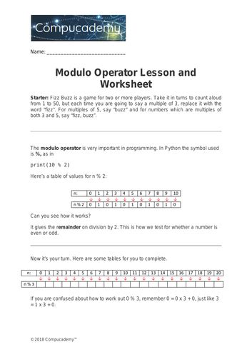 Python Modulo Operator Lesson And Worksheet For Gcse Computer Science Teaching Resources