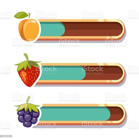 게임 인터페이스 바 과일이있는 만화 게임 로딩 패널 격리 된 우드 바 웹 엔터테인먼트 또는 사용자 앱 인터페이스 벡터 요소 바에