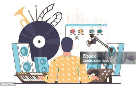 사운드 디자이너 엔지니어 제작 믹싱 녹음 음악 플랫 벡터 일러스트레이션 사운드 프로덕션 장비 Dj에 대한 스톡 벡터 아트 및 기타 이미지 Istock