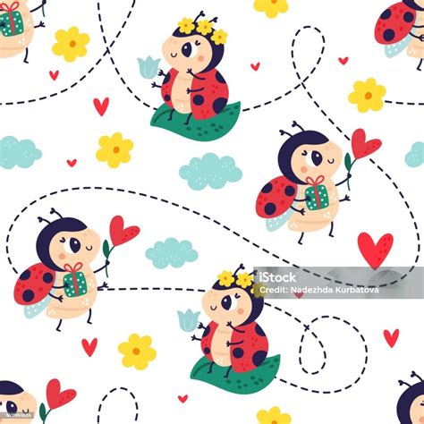 만화 무당 벌레 원활한 패턴 심장 꽃 및 구름이있는 딱정벌레 캐릭터 붉은 물방울 점 곤충 아이들이 인쇄합니다 선물과 꽃 화환 행복한 무당 벌레 화려한 벡터 배경 무당벌레에