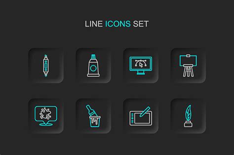 깃털과 잉크병 그래픽 태블릿 브러시가 있는 페인트 통 스프레이 나무 이젤 컴퓨터 디자인 프로그램 튜브 페인트 팔레트 및 마커 펜 아이콘을 설정합니다 벡터 개념에 대한 스톡