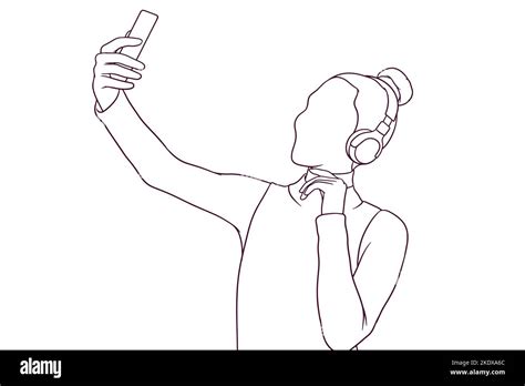Beautiful Girl With Earphone Take Selfie Hand Drawn Style Vector