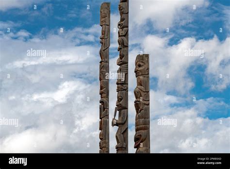 First Nation Totem Poles Of The Gitxsan Natives In Gitanyow Or Kitwancool British Columbia