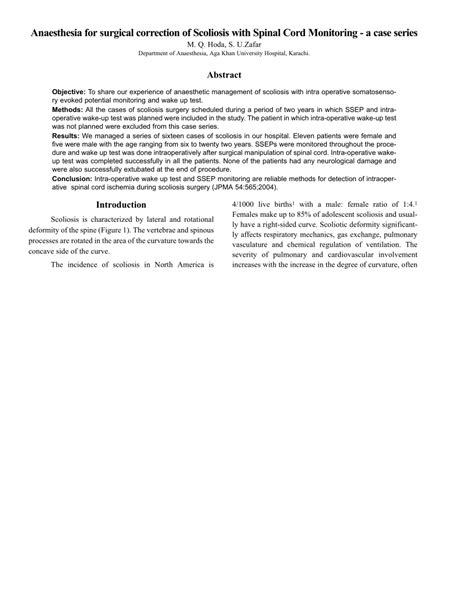 Pdf Anaesthesia For Surgical Correction Of Scoliosis With Spinal Cord Monitoring A Case Series