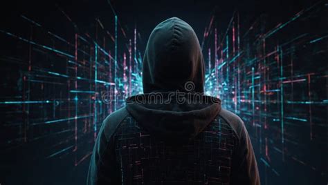 Back View Of Hacker In Hoodie Looking At Abstract Polygonal Lines On Dark Background Big Data