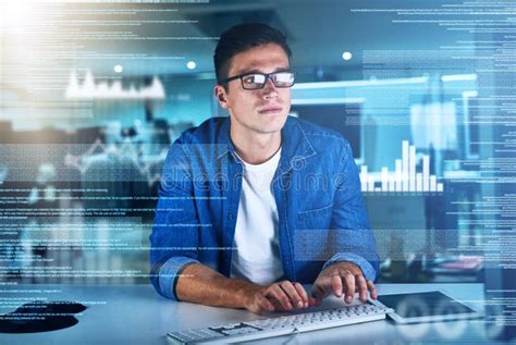 Night Programmer And Man In Office Typing And Overlay Of Interface