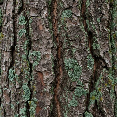 Close Up Detailed Brown Tree Bark With Green Lichen Texture Stock