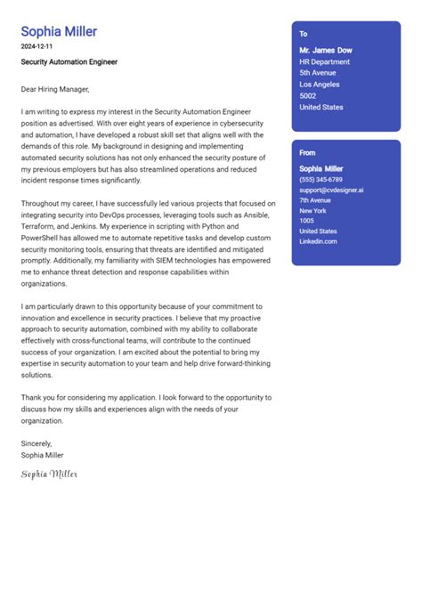 23 Security Automation Engineer Cover Letter Examples And Templates For 2025 Resumedesign Ai
