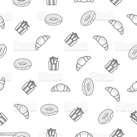 추상 낙서 원활한 패턴 손 그린 패스트 푸드 요소 피자 햄버거 스낵 음료 크루아상 벡터 디자인 스타일 배경 일러스트 아이콘 0
