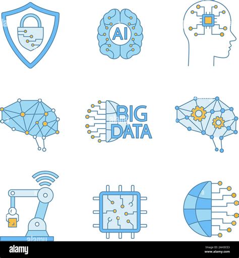 Artificial Intelligence Color Icons Set Neurotechnology Cybersecurity Ai Digital Brain