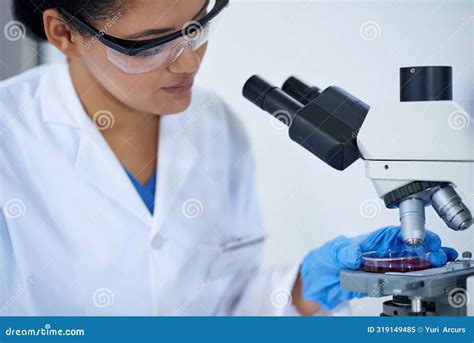 Woman Science And Microscope For Blood Research Exam Or Dna Analysis On Lab Petri Dish
