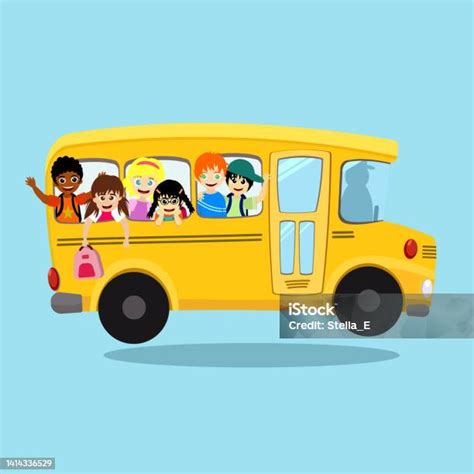 학교 벡터 일러스트 레이 션으로 돌아가서 노란색 스쿨 버스의 행복한 여섯 학생 아이들은 푸른 배경으로 학교에 가고 다민족 친구 그룹은 함께 재미 있고 조화로운 다양성 어린이